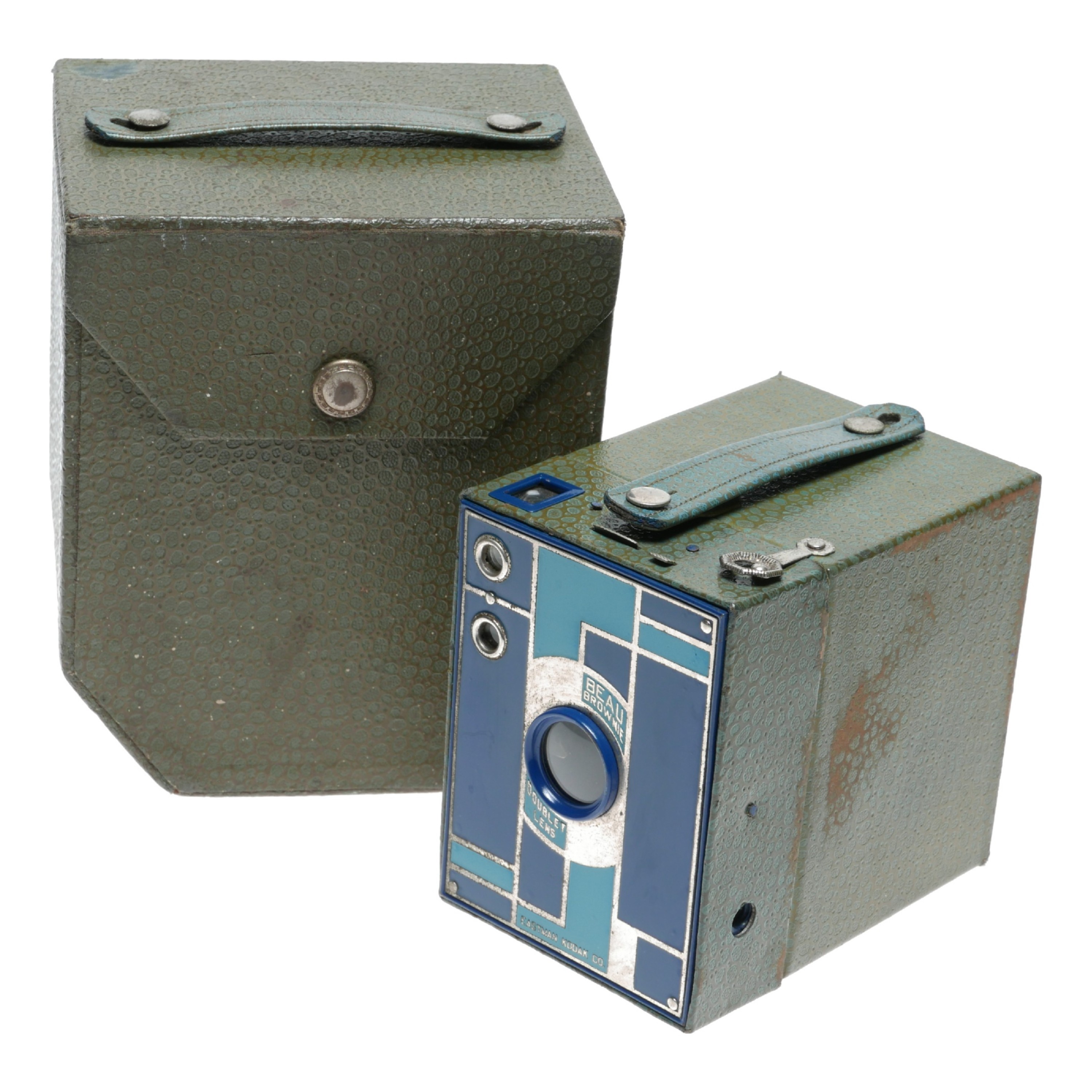 Kodak Beau Brownie 2 Blue Art Deco Box Camera Doublet Lens in Case ...