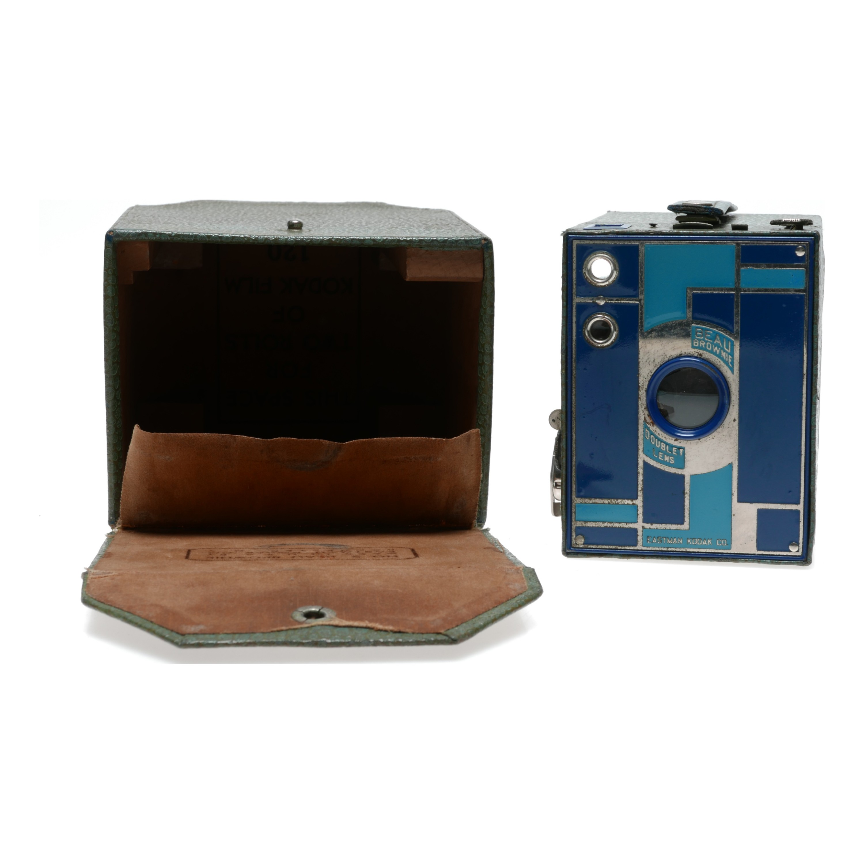 Kodak Beau Brownie 2 Blue Art Deco Box Camera Doublet Lens in Case ...