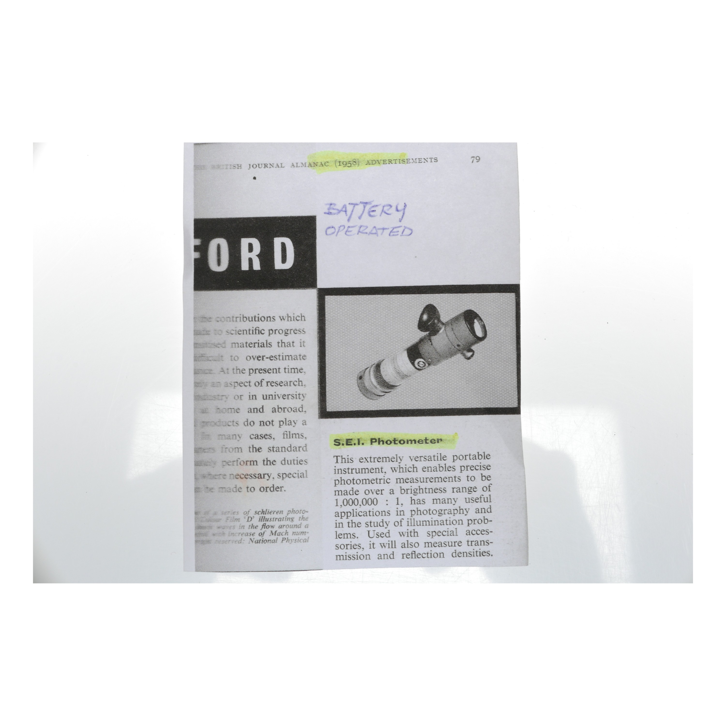 Ilford S.E.I. Photometer Photography Light Exposure Photometric Meter ...